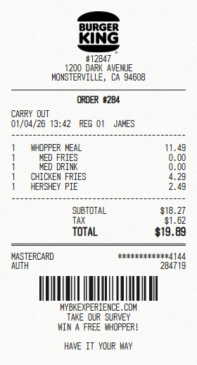 Generate Fake Burger King Receipt - Receipt Maker
