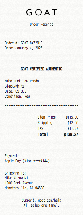 Generate Fake GOAT Receipt - Receipt Maker