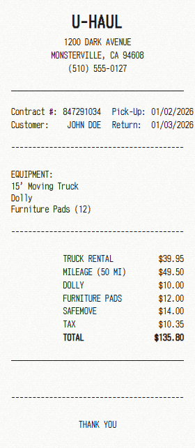 Generate Fake U-Haul Receipt - Receipt Maker