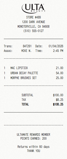 Generate Fake Ulta Beauty Receipt - Receipt Maker