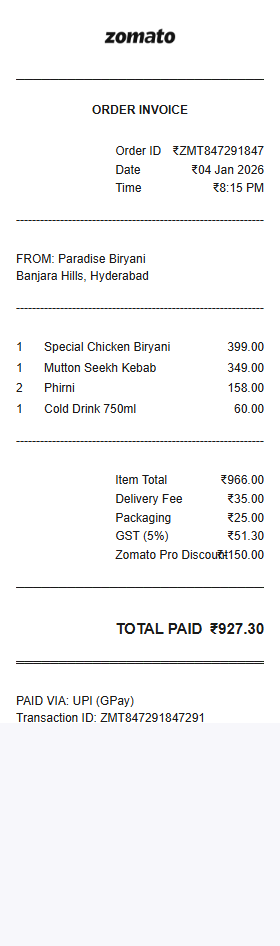 Generate Fake Zomato Receipt - Receipt Maker